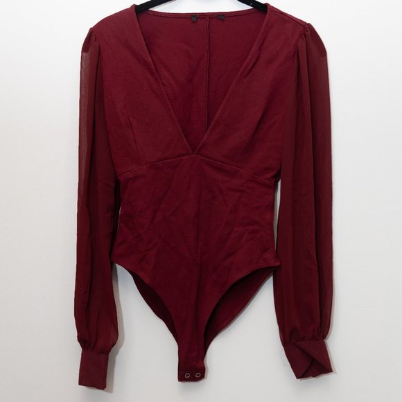 Forever 21 | Tops | Wine Red Low V Neck Body Suit With Sheer Sleeves ...
